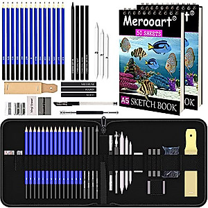 Merooart 37 Professional Drawing Pencil Set-A complete art sketching set for beginners and professional artists, with two 50-page sketchbooks, charcoal sticks, graphite sticks and erasers, zipper box