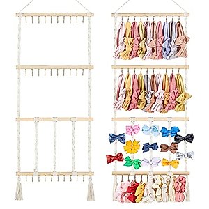 Dahey Headband Holder Bow Hanger for Girls Hair Bows, Macrame Headbands Hair Accessories Hanger Necklace Display with 30 Hooks Wall Hanging Over Door Organizer Boho Nursery Decor for Baby'S Room