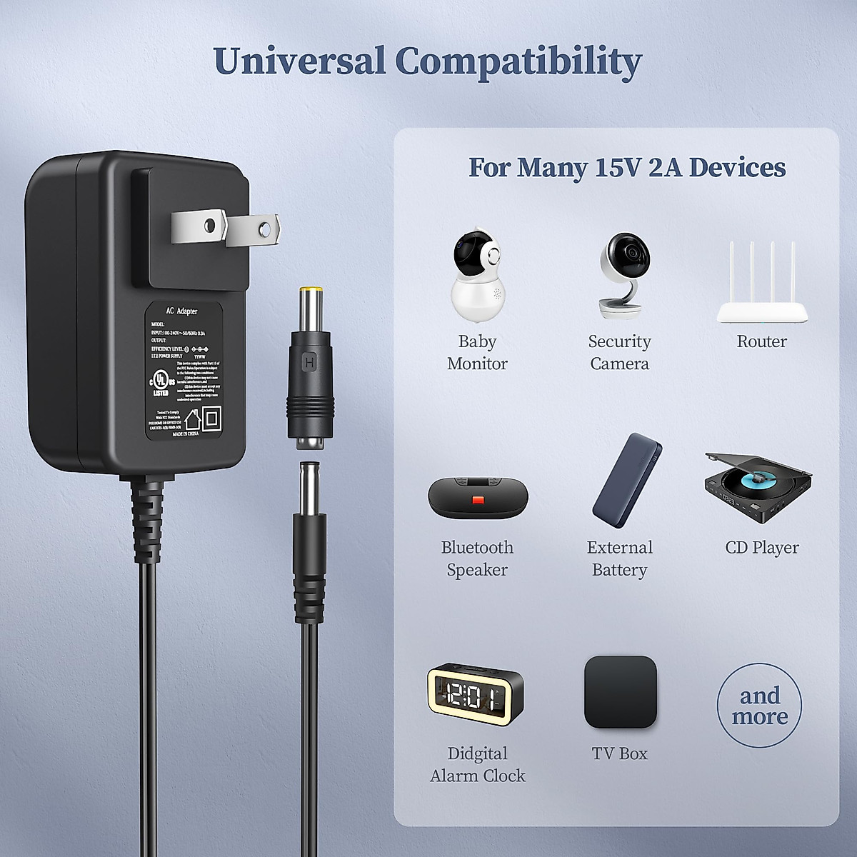 DONYOIE 15V 2A 1.5A Power Supply 15 Volt Charger 2000mA 30W Max Regulated Switching AC to DC Cord Adapter with 10 Replacement Connector 100V - 240V Input Adaptor US Wall Plug Certified by UL