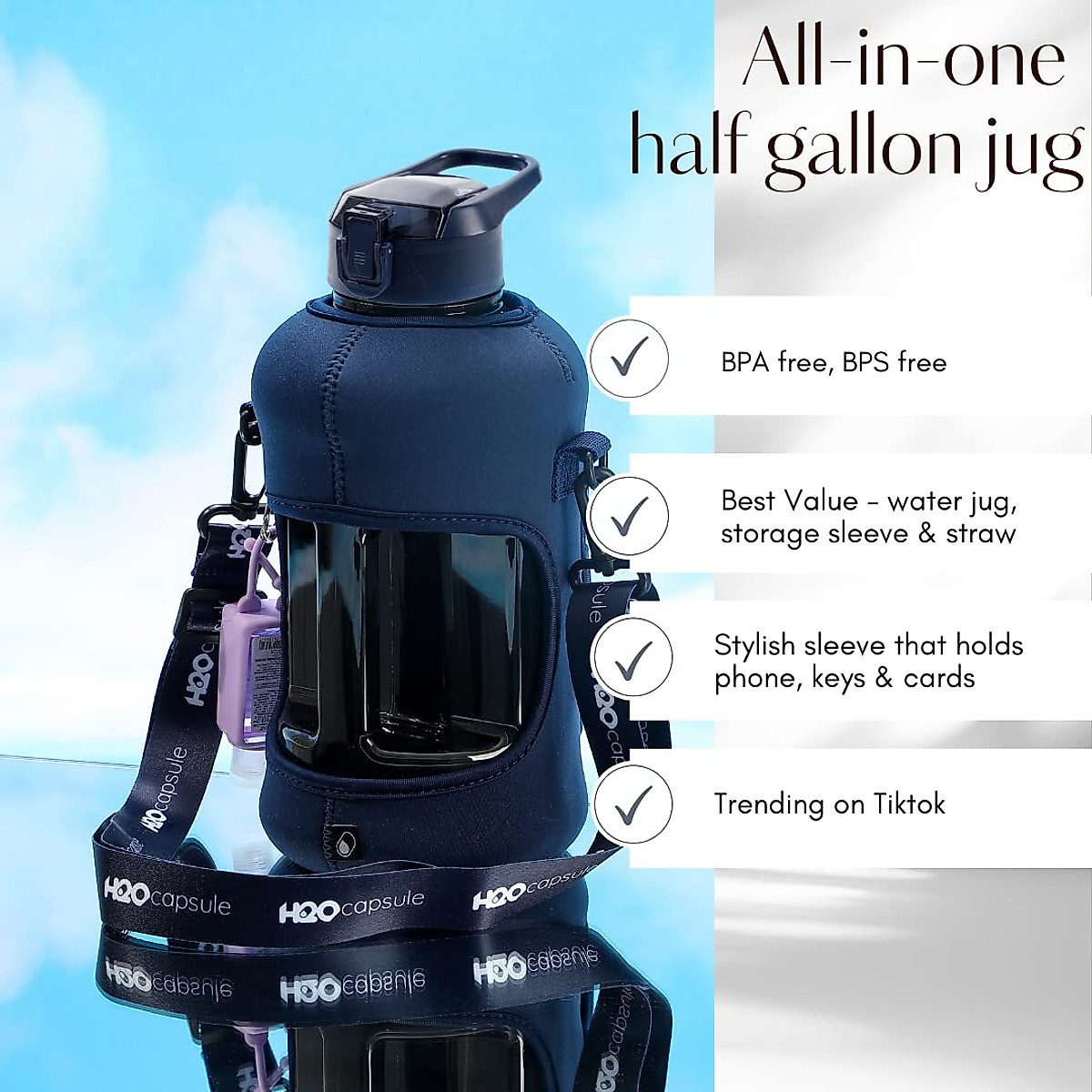 H2O Capsule 2.2L Half Gallon Water Bottle with Storage Sleeve and Removable Straw – BPA Free Large Reusable Drink Container with Handle - Big Sports Jug, 2.2 Liter (74 Ounce), Navy Blue