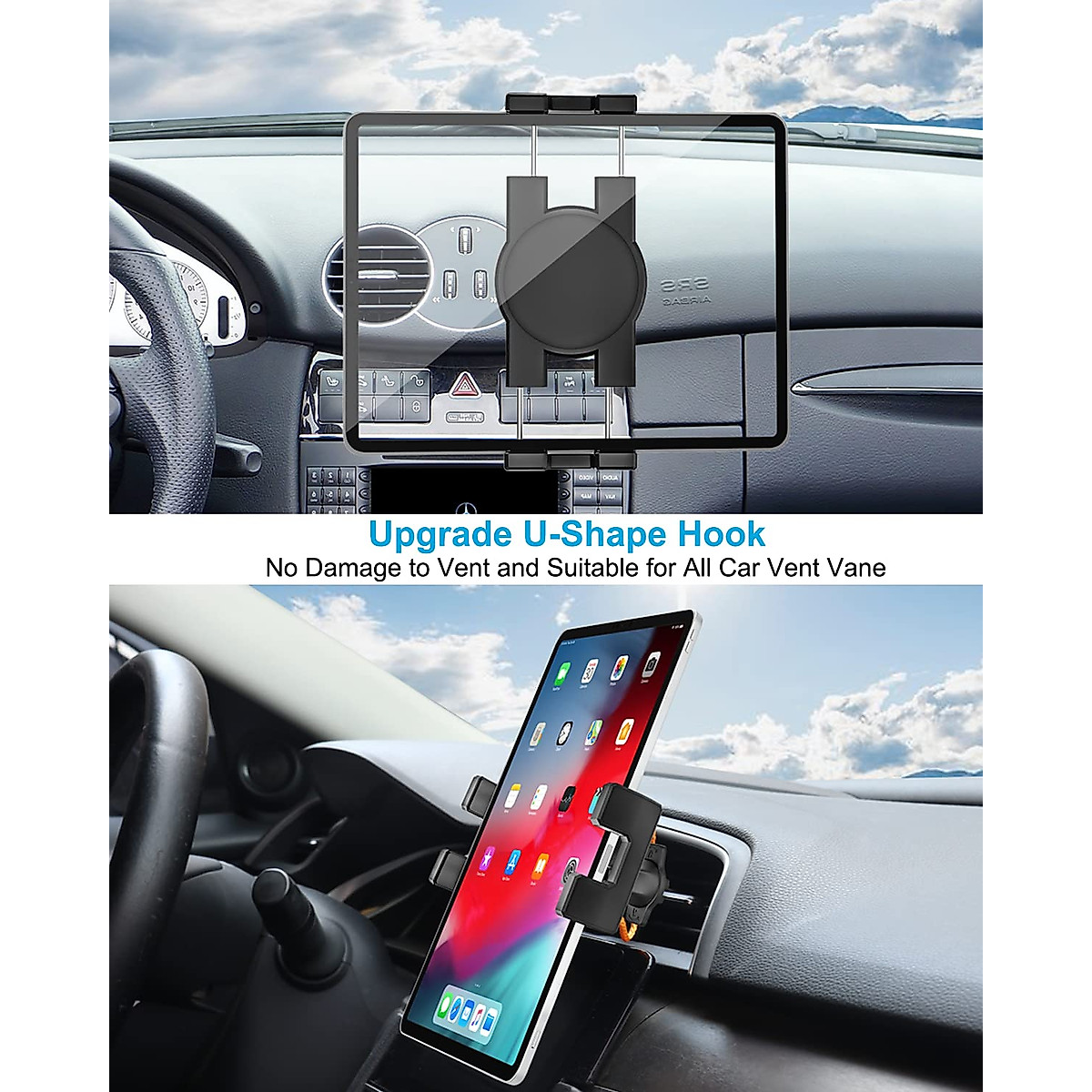 woleyi Car Vent Tablet Mount, Air Vent Clip Tablet Holder for Car with Adjustable Metal Hook Clamp, Compatible with iPad Pro/Air/Mini, Galaxy Tabs/Z Fold, iPhone, More 4.7-13" Cell Phones and Tablets