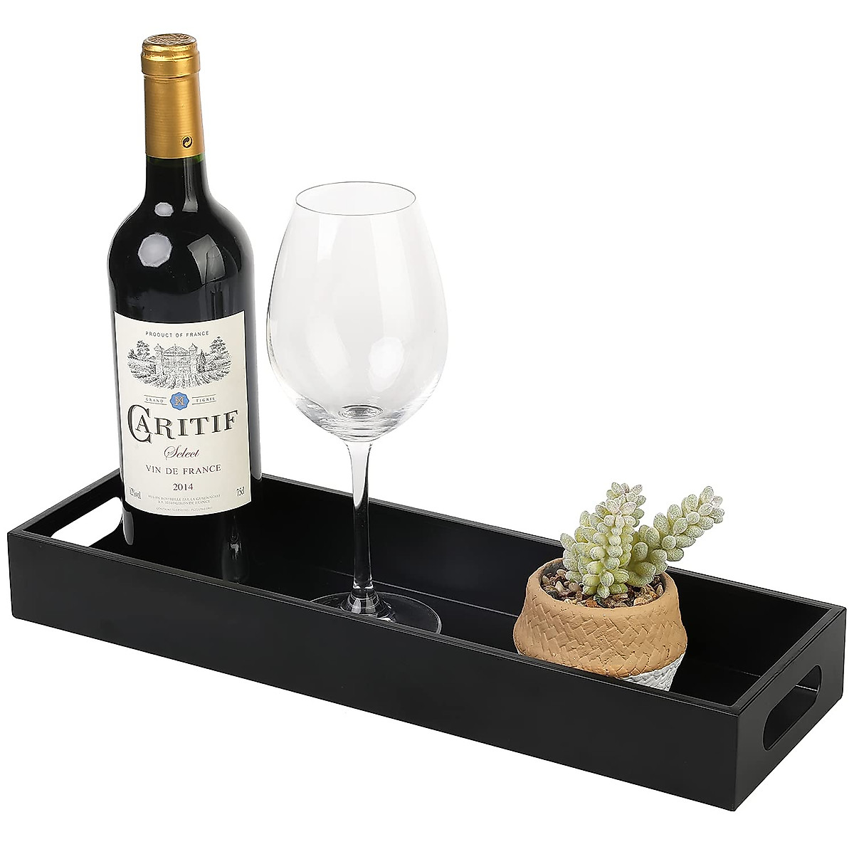 MyGift 16-inch Metal Matte Black Decorative Tray, Rectangular Narrow Serving Tray with Cutout Handles