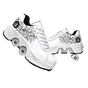 JZYUN Clock Double-Row Deformation Skates, Multifunctional Roller Shoes,Pulley& Outdoor Sneakers 2-in-1 Shoes, Automatic Walking Shoes with 4 Retractable Wheels for Adult Children