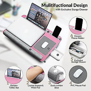 Gimars Home Office Lap Desk Fits up to 17 Inches Laptop with Dual Cushion,Wrist Rest, Built-in Mouse Pad, Tablet Phone Holder and Storage Drawer, Pink