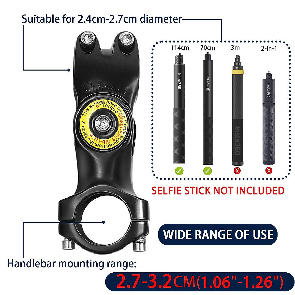 usmallbee Motorcycle Handlebar Camera Mount for Invisible Selfie Stick for Insta360 ONE X3,X2,X,RS,R Bike Bicycle Tracking Shooting Sports Camera Bracket (Without Selfie Stick)