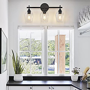 XGFOURSEVEN 3-Light Black Bathroom Lighting Fixture, Vintage Vanity Light with Clear Glass Shade,Modern Wall Lamp for Bedroom Hallway Living Room (Black, 3-Light)