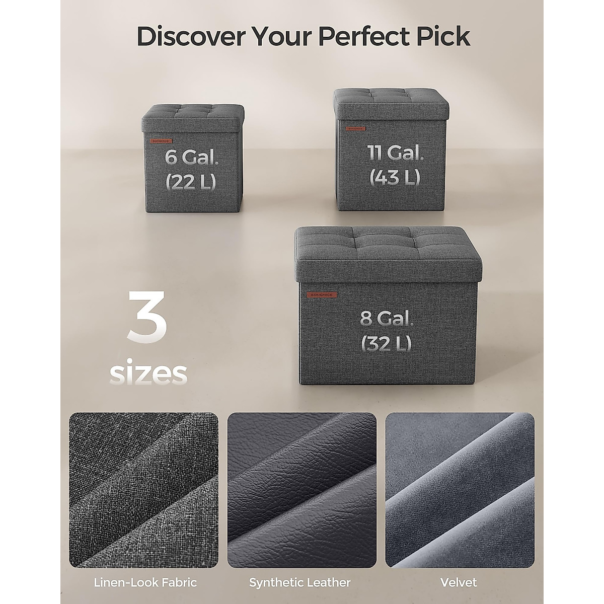 SONGMICS 11.8 Inches Small Folding Storage Ottoman Cube, Storage Footrest, Foot Rest Stool, for Living Room, Bedroom, Dorm, Dark Gray ULSF028G01