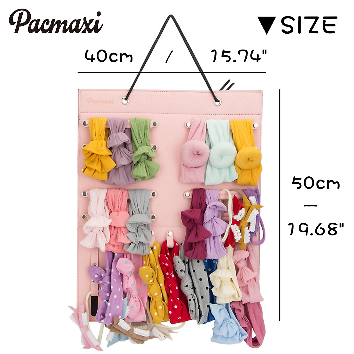 PACMAXI Hanging Baby Girl Headbands Storage Organizer, Newborn Headbands and Bows Holder(10 Snap Band+18 Snaps,Pink)