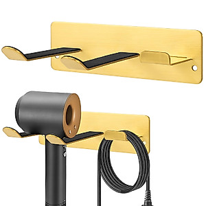 YOUGRIDDA Hair Dryer Holder, Wall Mounted Rack Compatible with All Hair Dryer, Space Organizer for Bathroom/Bedroom/Washroom/Barbershop, 304 Stainless Steel, 3M Self Adhesive (Golden)