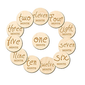 12 PCS Wooden Baby Monthly Milestone - Milestone Photo Cards, 1-12 Months Wood Milestone Disc Set, Birth Announcement Sign for First Year Picture Props, 4 inch Diameter
