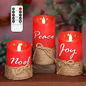 FLAVCHARM Holiday Flameless Candles, Peace Joy Noel with Rope Red LED Flickering Candles Battery Operated with Remote Control, Christmas Decoration for Home, Tablecenter, Bedroom, Bar Party