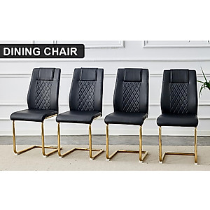 Modern Dining Chairs Set of 4, PU Leather Dining Chairs High Back Upholstered Chairs Ergonomics Dining Chairs with Gold Metal Leg for Kitchens,Living Rooms,Bedrooms,Offices (Black)
