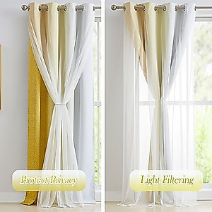 Geomoroccan Ombre Blackout with White Lace Sheer Elegant Layered Curtains,Mix and Match Grommet Thermal Insulated Curtain for Bedroom and Living Room 2 Panels (52"x84",Yellow and White)