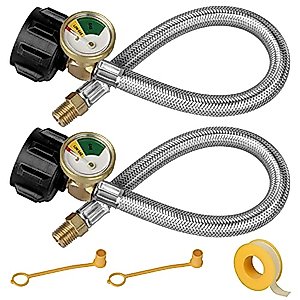 2 Pack 1/4 NPT RV Propane Pigtail Hose 12 Inch with Tank Gauge, Stainless Steel Braided Propane Tank Hose Connector for Grill, Propane Adapter Hose for QCC Standard Two Stage Regulator