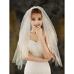 JWICOS 2 Tier Wedding Veil for Brides Short Bridal Tulle Hair Accessories with Comb and Cut Edge Pearl Veil Headband for Bachelorette Wedding Party (White)