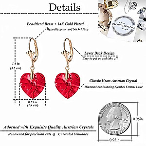 Austrian Crystal Heart Drop Leverback Earrings for Women Fashion Dangle Earring 14K Rose Gold Plated Hypoallergenic Jewelry (Red)
