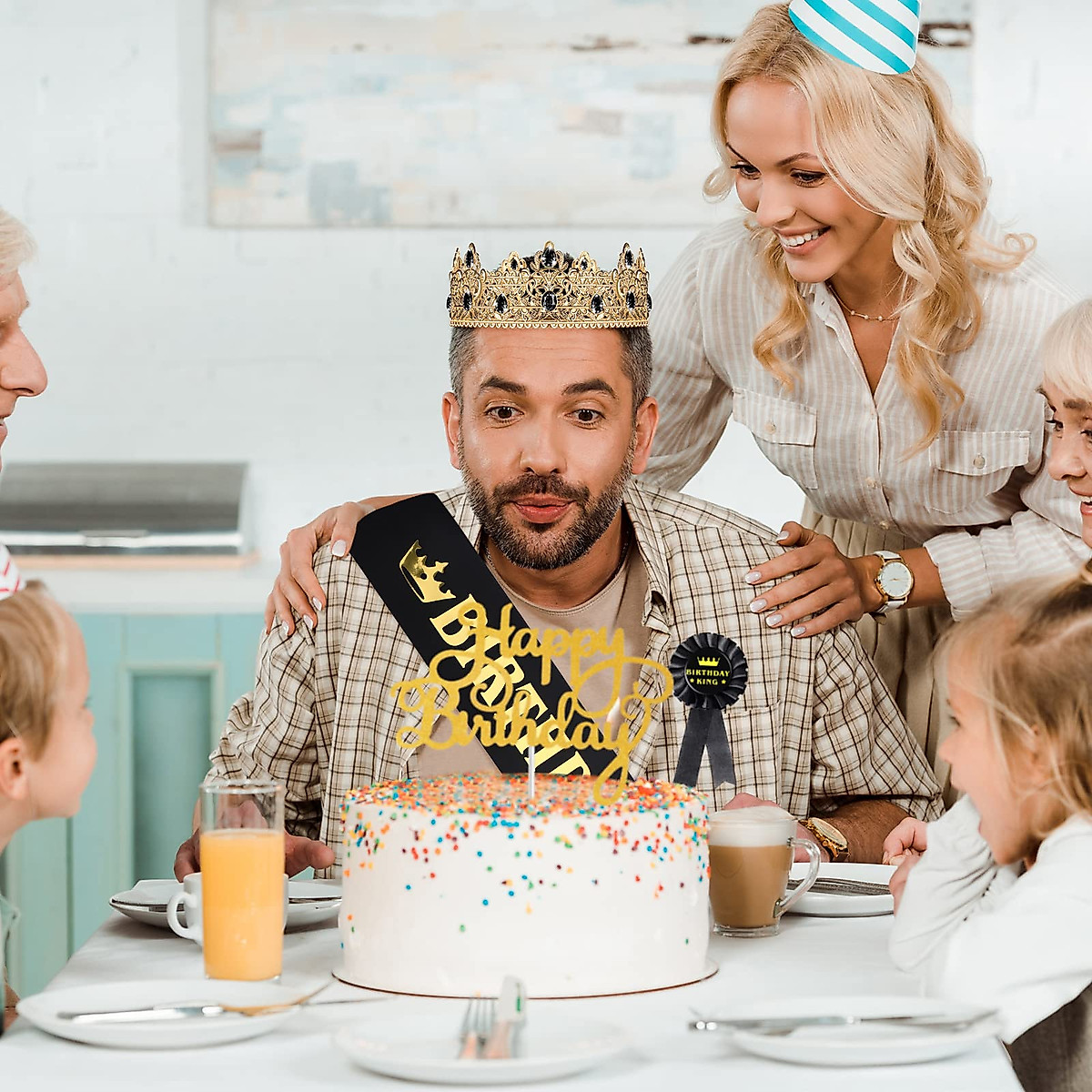 Junkin 5 Pieces Birthday Accessories Include Man Birthday King Crown Birthday King Sash Tinplate Badge Pin Crown Brooch Hanging Chain Men Birthday Crown for Man Birthday Party (Vibrant Style)