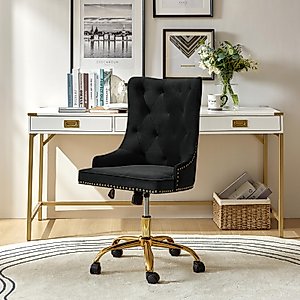 TINA'S HOME Velvet Armless Office Chair with Gold Base & Nailhead Trim, Modern Tufted Upholstered Desk Armchair Swivel Adjustable, Cute Wingback Computer Task Vanity Chair for Women, Black