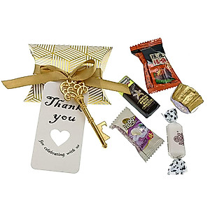 50pcs Skeleton Key Bottle Opener Wedding Party Favor Souvenir Gift with Candy Box and Ribbon(Gold)