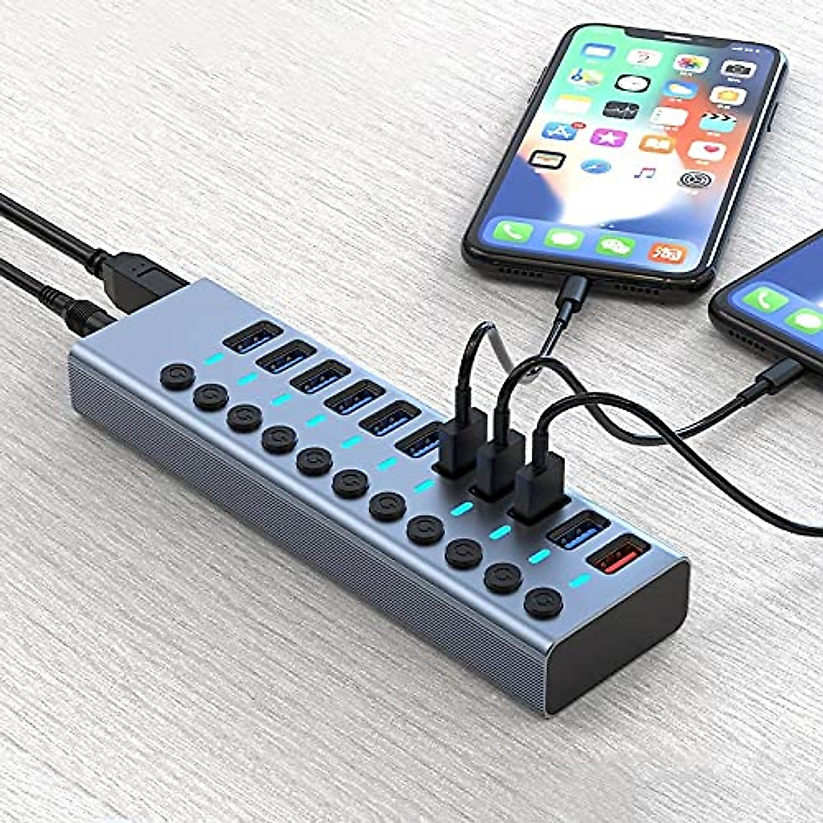 SHYPT Aluminum Alloy 11-Port USB3.0 Splitter 10 Port Computer Extended USB HUB 1 Port Fast Charging External 12V4A Power Supply