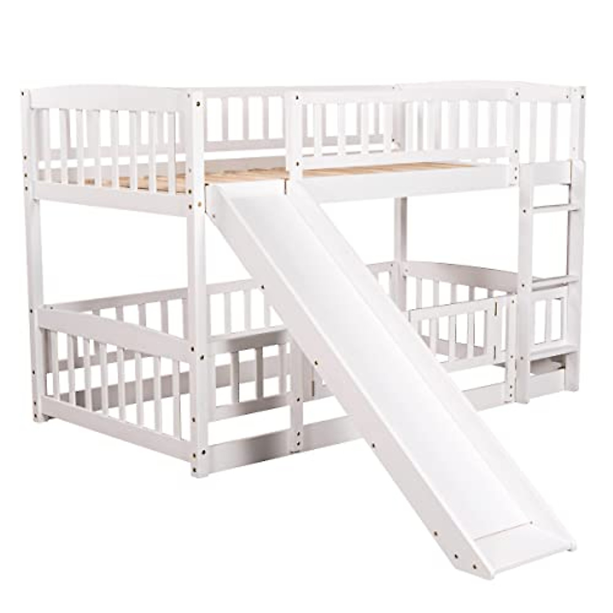 VilroCaz Twin Over Twin Low Bunk Bed with Door Openable Fence, Versatile Bunk Bed with Slide and Built-in Ladder, Solid Wood Bunk Bed Frame for Kids Teens Boys Girls (White)