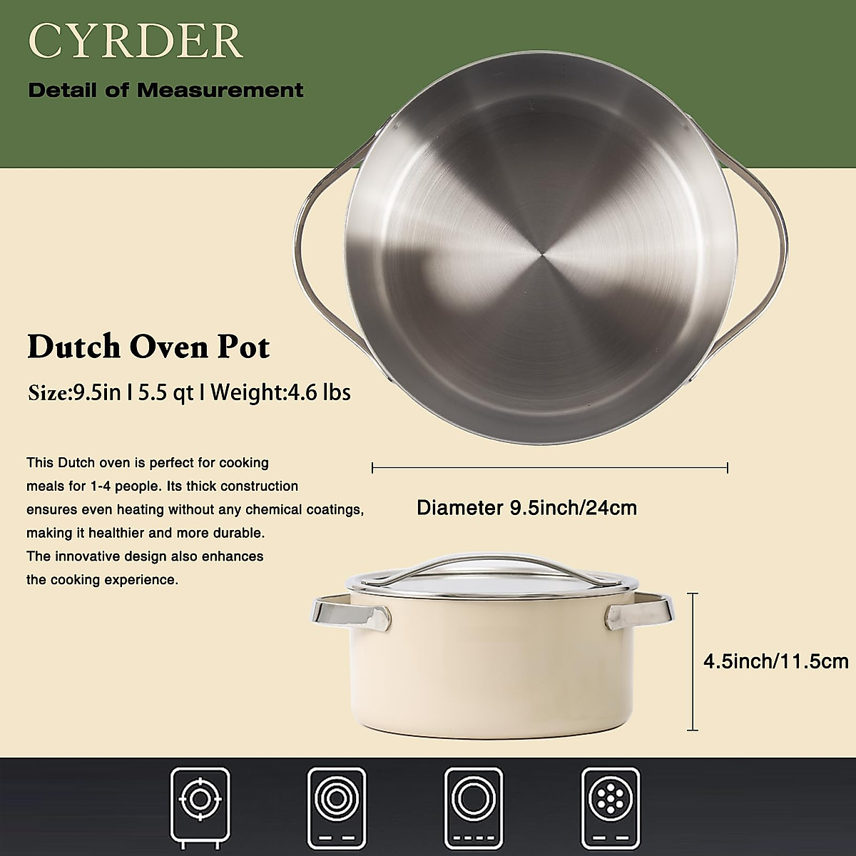 Cyrder Dutch Oven Pot with Lid - Non Toxic, PTFE & PFOA Free - 5-Ply 18/10 Stainless Steel - Oven Safe & Stovetop Agnostic - 5.5 qt 9.5" Cream