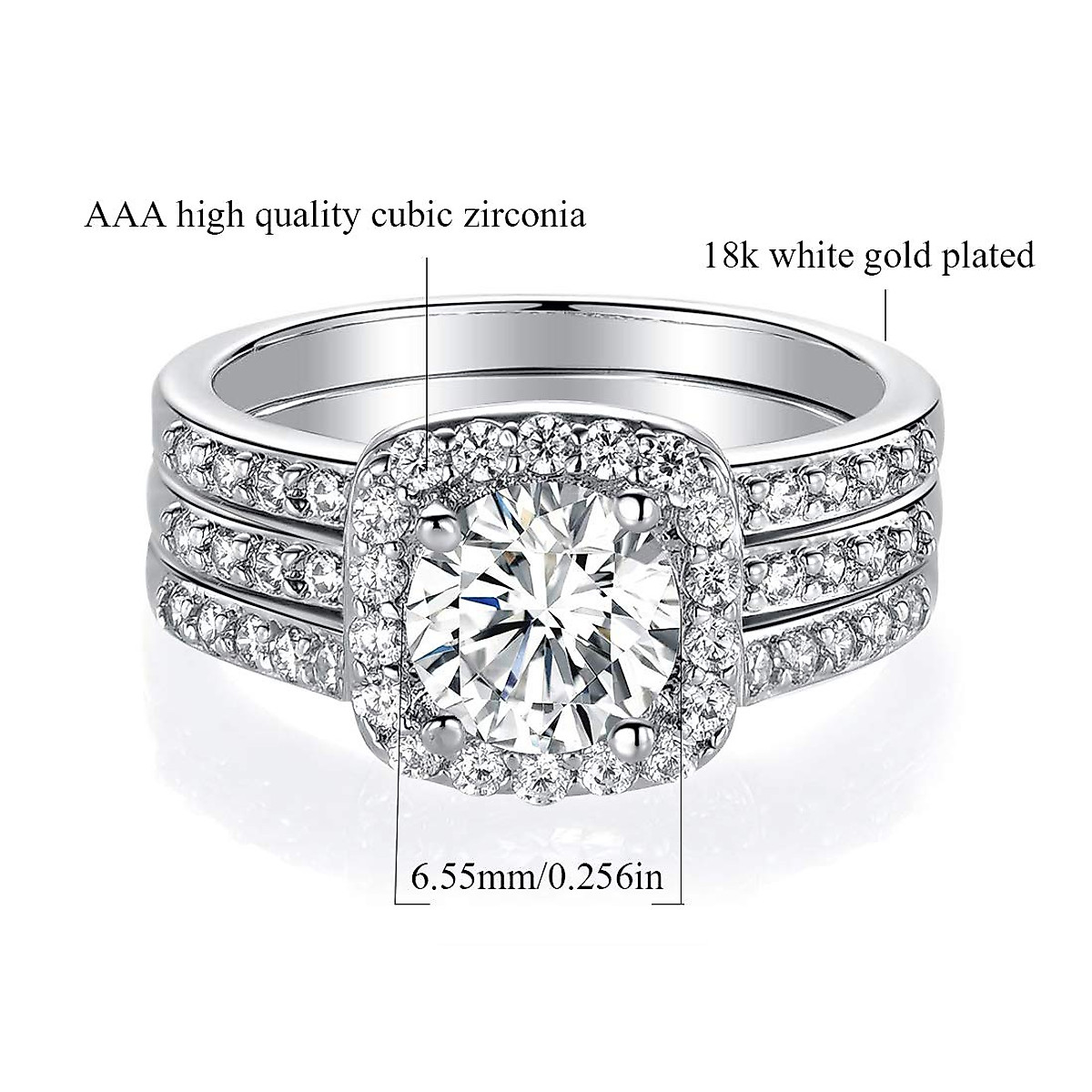 MDFUN 18K White Gold Plated Cubic Zirconia Three-in-One Halo Wedding Engagement Promise Eternity Ring for Women (10)
