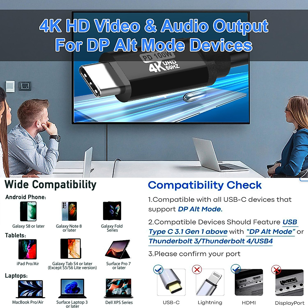 USB C to HDMI Cable 25FT 4K60HZ,USB Type C to HDMI Adapter, Thunderbolt 3/4 to HDMI Cable Compatible with Galaxy S22 /S20, MacBook Pro/Air 2020, iPad Pro 2021/2020, Surface Book 2, XPS 15