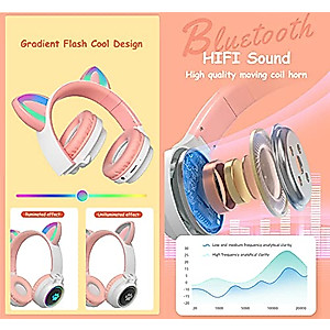 Pink Stereo Gaming Headset with Mic, 3.5MM Sound Cat Ear Wireless Foldable Bluetooth Headphones Lightweight Self-Adjusting Over Ear Headphones for PC, TV, Phone,Online Distant Learning