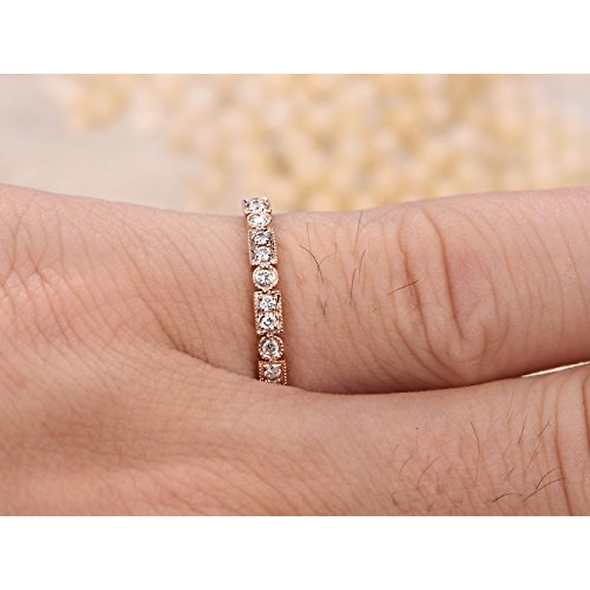 Art Deco Antique Diamond Wedding Ring,14K Rose Gold,Anniversary Ring,Half Eternity,Bezel Set,Stackable