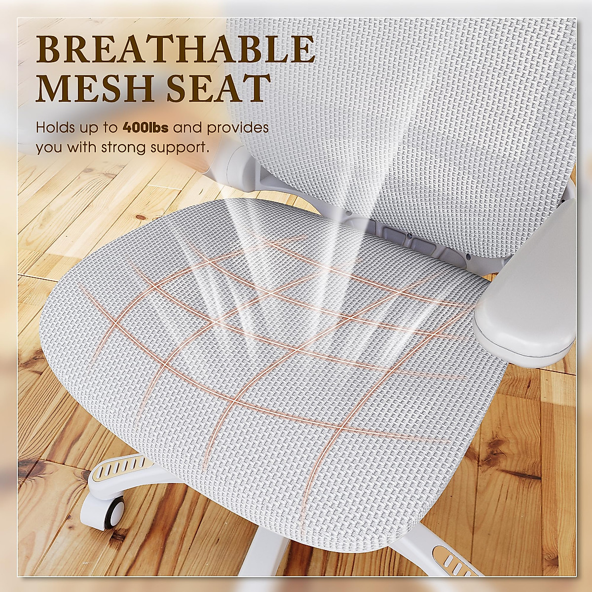 GABRYLLY Ergonomic Office Chair, High Back Home Desk Chair with Flip-Up Arms, Headrest, 90-120° Tilt and Wide Cushion, 400LBS White Mesh Chair for Work Gaming Study (GY01-NT, Woodgrain Pattern)