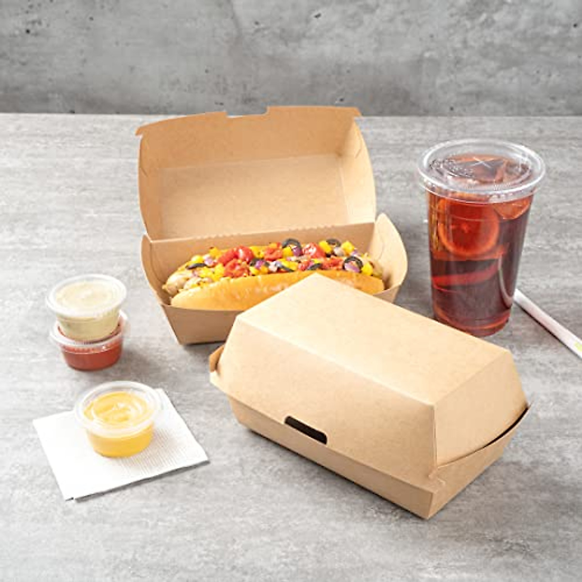 Bio Tek 6.7 x 3.5 x 3.5 Inch Clamshell Food Containers, 100 Disposable Sandwich Containers - Hinged Lid, Tab-Lock Closure, Kraft Paper Hot Dog Containers, Recyclable, Greaseproof