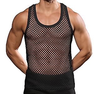 Beotyshow Mens Mesh Fishnet Tank Tops Fitted Sleeveless Night Club Style Muscle Top Summer Workout Beach Shirts Black