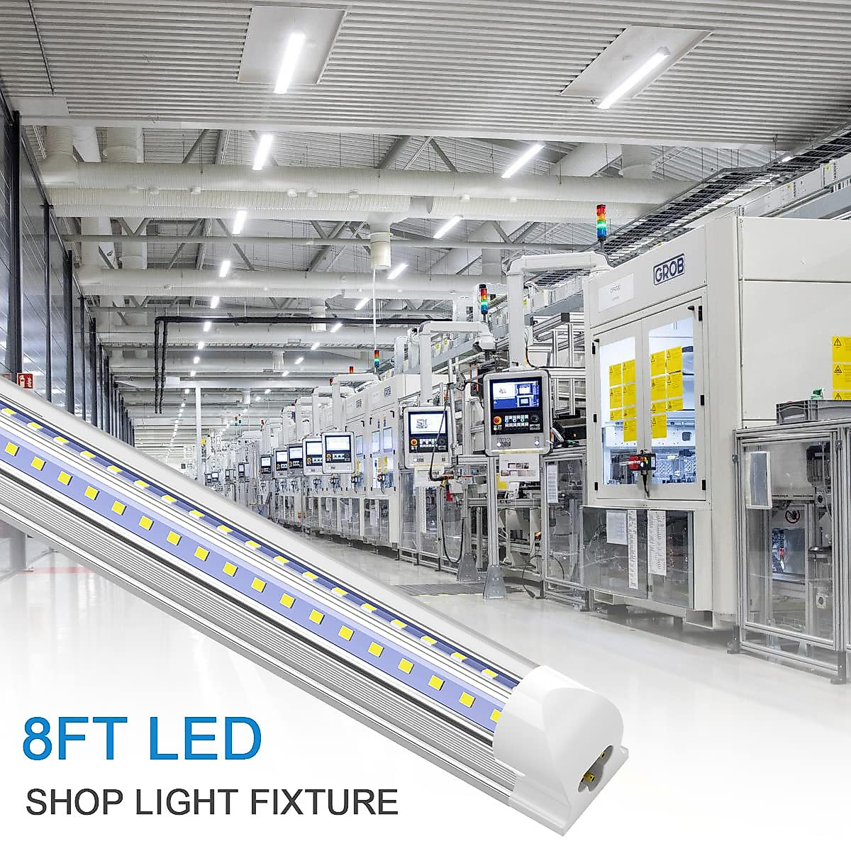 SHOPLED 8FT LED Shop Light Fixture, 72W 9360 LM 6000K Cool White,High Output Tube Light, Double Sided V Shape T8 8 Foot LED Bulbs for Cooler, Garage, Warehouse, Clear Cover (1 Pack)