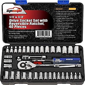 EPAuto 40 Pieces 1/4-Inch & 3/8-Inch Drive Socket Set with 72 Tooth Reversible Ratchet