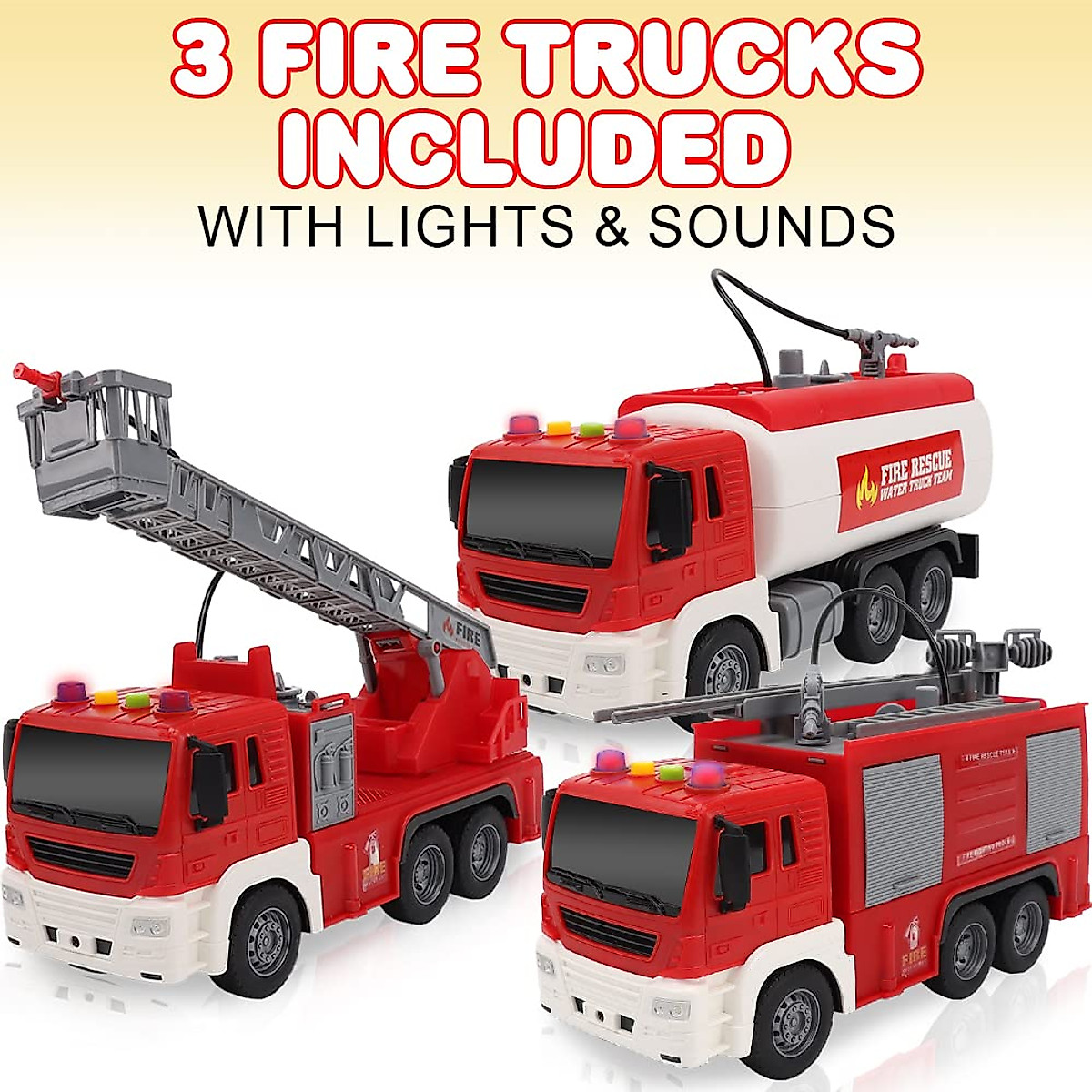 ArtCreativity Light Up Fire Trucks for Kids, Set of 3, Includes Ladder Truck, Tanker Truck, & Engine Truck, Fire Trucks with Real Water Spraying, LEDs, & Sound, Push n Go Fire Trucks for Boys & Girls