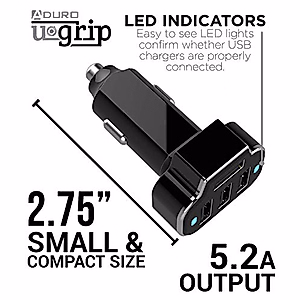 Aduro 4 Port Car Charger USB Adapter, 12V Fast Car Charger USB Adapter Power Station 5.2A/26W Output (Black)