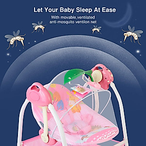 Baby Swing for Infants, Portable Baby Swing with 6 Motions, Toddler Swing with Music, Sounds, Timing, Baby Rocker with 2 Toys, Plsuh Seat & Soft Head Support, Machine Washable Fabric (Pink)