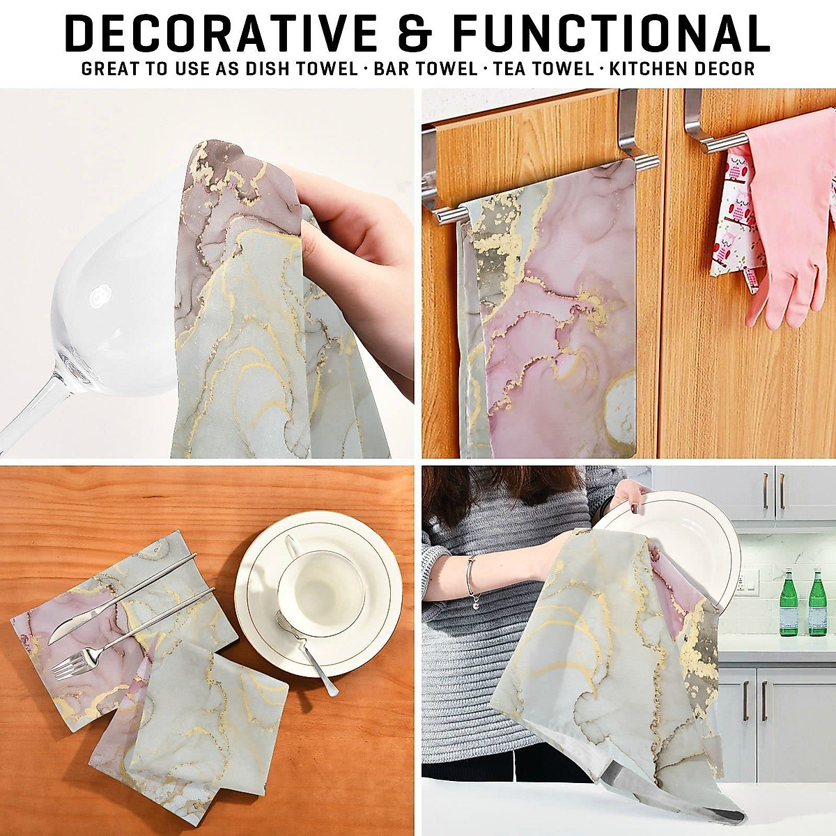 Pink Gold Marble Kitchen Dish Towels Soft Tea Towel Set of 4 Absorbent Dishcloths Hand Towels for Dish Clean Cloth 28" x 18"