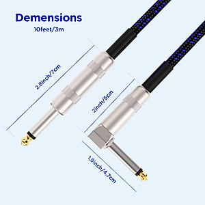 DISENS Guitar Cord-Amp Cord for Bass & Electric Guitar - Straight to Right Angle 1/4 Inch Instrument Cable 10 ft Pure Copper Audio Instrument Cable-Blue Braided Tweed