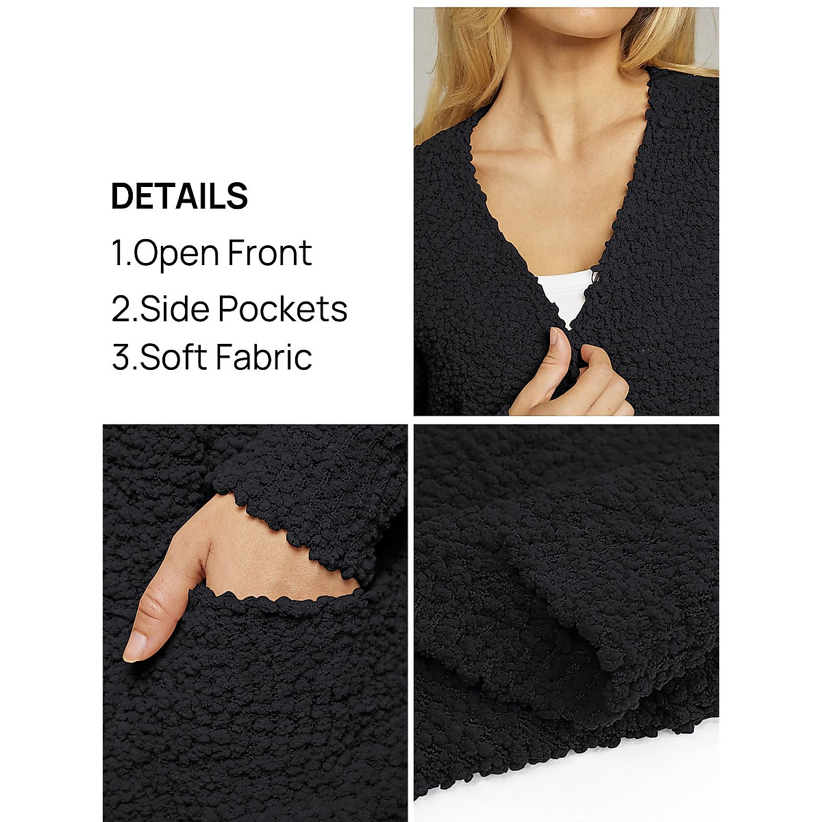 MEROKEETY Women's Long Sleeve Soft Chunky Knit Sweater Open Front Cardigan Outwear with Pockets,Black,Large