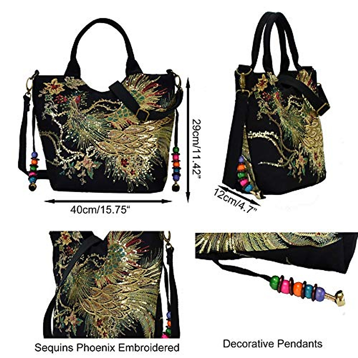 Shoulder Handbags for Women,Ladies Ethnic Travel Hobo Bags Tote with Bling Sequins Phoenix Embroidered