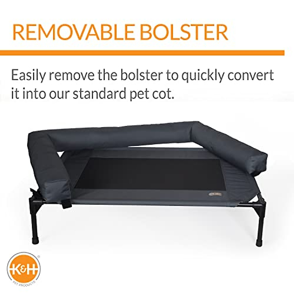 K&H PET PRODUCTS Original Bolster Pet Cot Elevated Pet Bed with Removable Bolsters Charcoal/Black Mesh Large 30 X 42 X 7 Inches