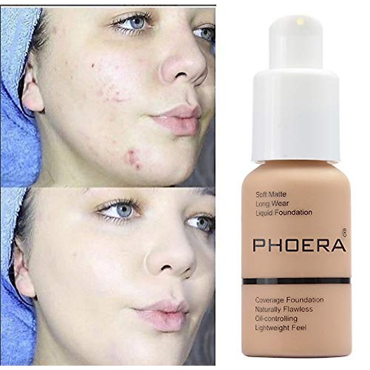 BestLand 2Pack PHOERA Foundation Full Coverage Liquid Foundation Cream - Long-lasting Lightweight Concealer - Oil-Free Formula - Natural Shade - Suitable for All Skin Types (102 Nude & 103 Warm Peach)
