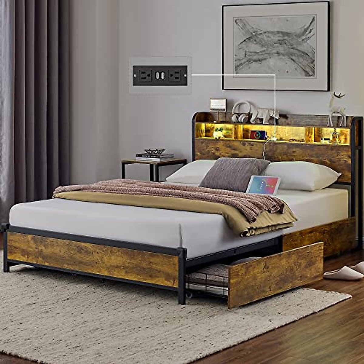 Alohappy Queen Bed Frame with LED Lights and Charging Station, Metal Platform Bed Frame with 2 -Tier Storage Headboard and Drawers, No Box Spring Needed, Easy Assembly, Noise Free