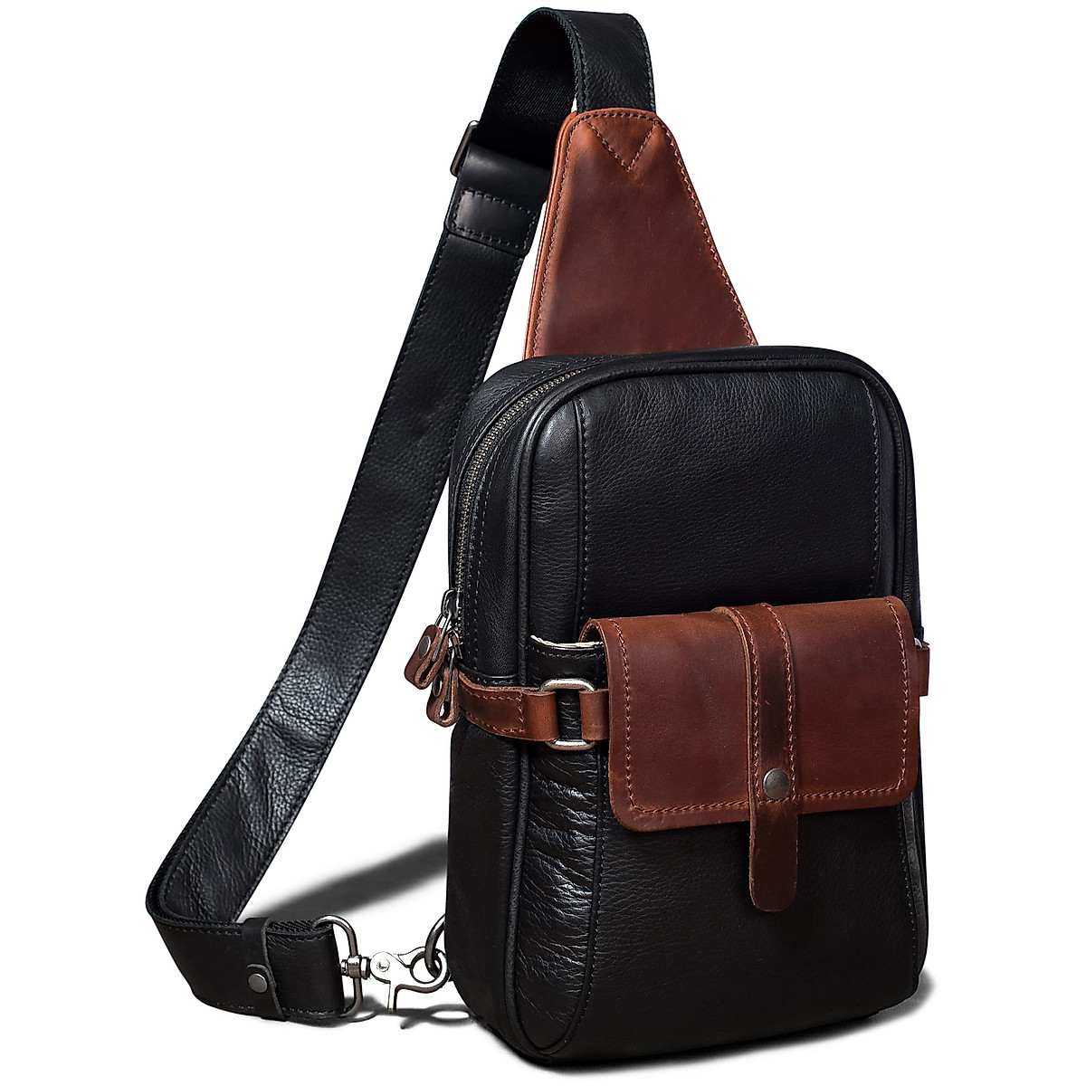 CENUNCO Genuine Leather Sling Bag Leather Crossbody Sling Backpack Concealed Carry Chest Bag Black Casual Hiking Motorcycle Bags Anti-Theft Travel Purse Fanny Pack