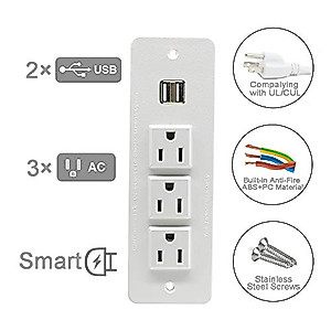 Conference Recessed Power Strip with USB Mountable Power Outlet Built in Desktop Workbench Drawer Cabinet 10'ft Heavy Duty Power Cord White