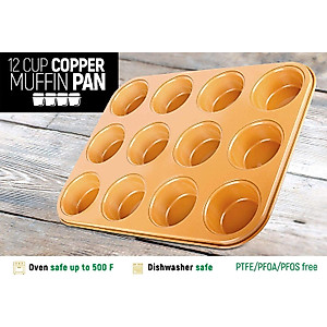 Copper Muffin Pan 12 Cups Non Stick Ceramic Coated Professional Healthy cupcake pans Even Baking, Dishwasher and Oven Safe