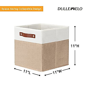 DULLEMELO 11 inch Cube Storage Bins,Fabric Storage Cubes for Organizing,Collapsible Foldable Linen Canvas Closet Storage Bins for Shelves Closet Bedroom Toys Home Office(White&Khaki)