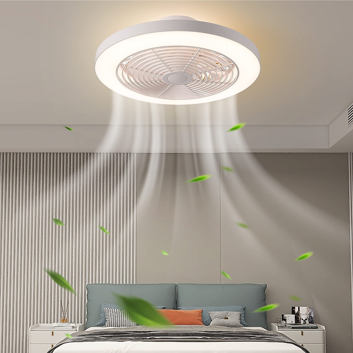 Orison Enclose Low Profile Ceiling Fan with Remote, 19.7" Smart Bladeless ,3 Colors Dimmable LED 6 Speeds 8 Blades for Adult Kids Living Room Bedroom